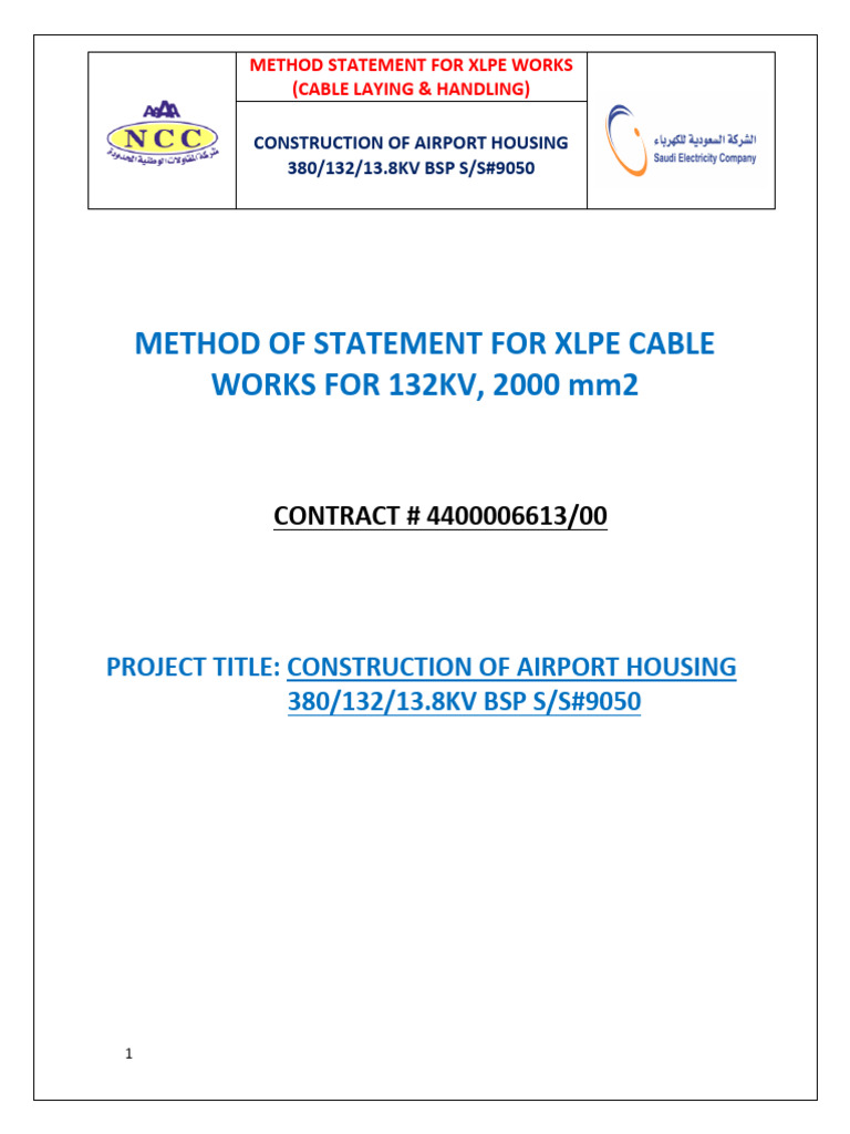 Cable Pulling - Method Statement For Xlpe Works PDF | PDF