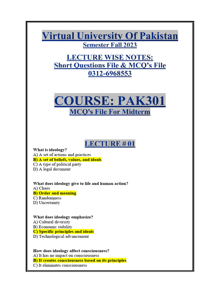 Pak301 MCQ's File For Midterm Lecture Wise 03126968553-1 | PDF | All India Muslim League | Politics