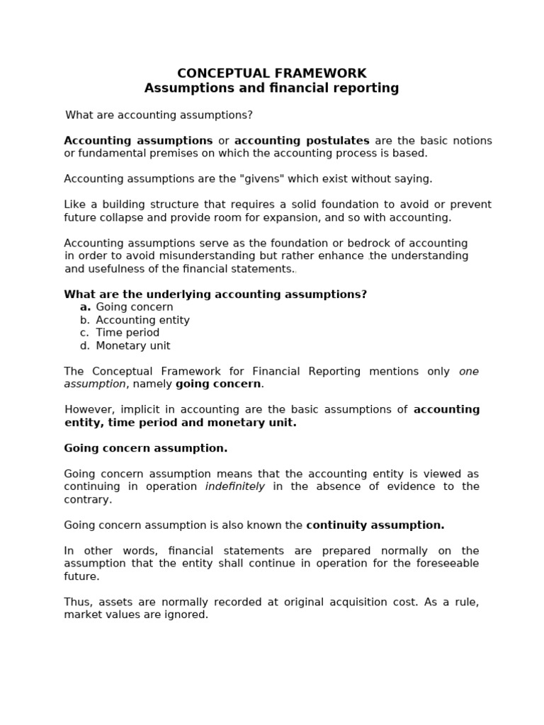 Conceptual Framework - Assumptions and Financial Reporting | PDF | Going Concern | Financial ...