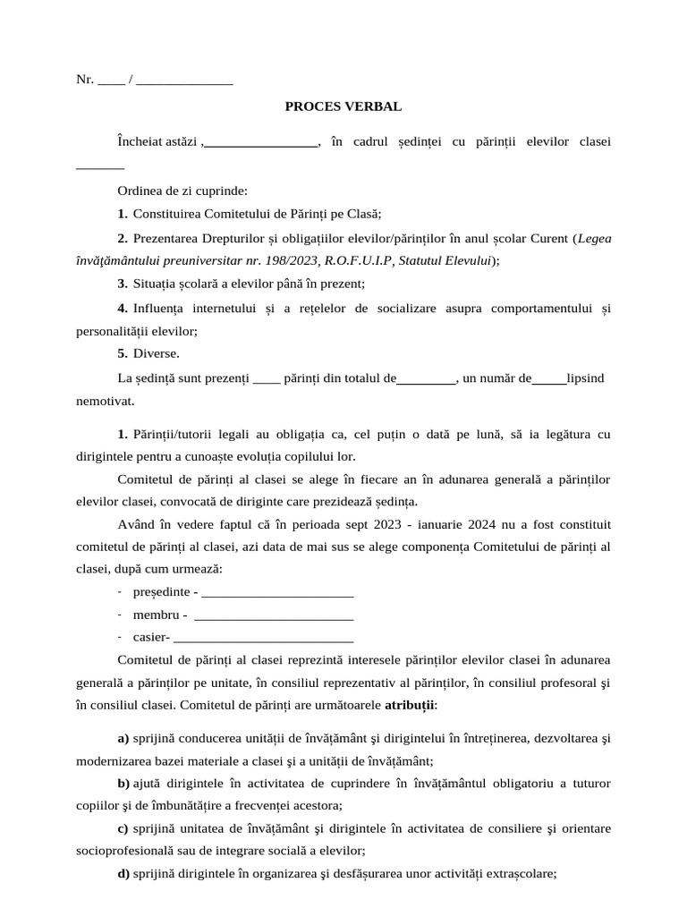 Model Proces Verbal Sedinta Cu Parintii | PDF