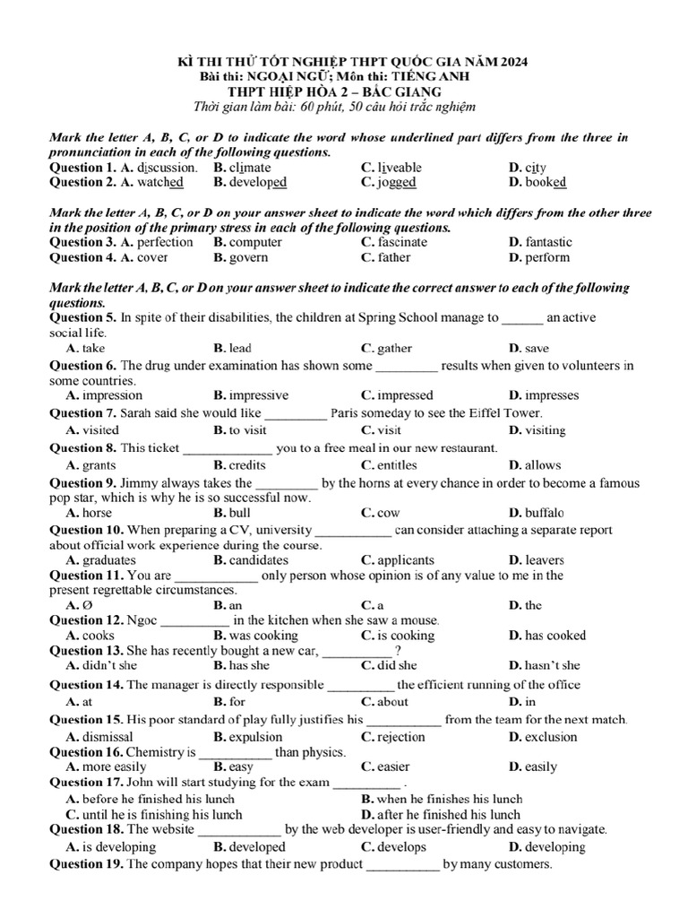 1 de Thi Thu TN THPT 2024 Tieng Anh THPT Hiep Hoa 2 Bac Giang Lan 1 Co Loi Giai - 1600 - PDF ...
