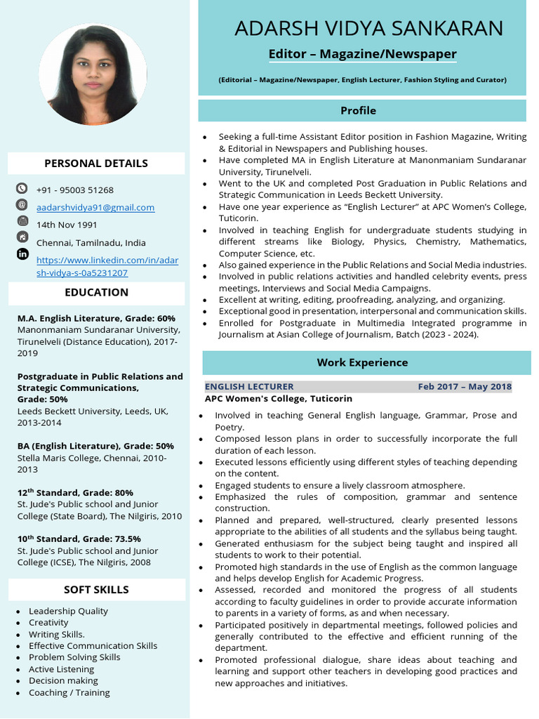 Adarsh Vidya - Resume V2.0 | PDF | Teachers | Career & Growth