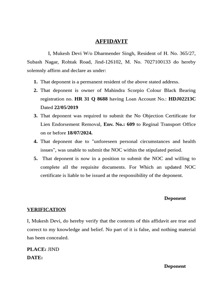 AFFIDAVIT For NOC | PDF