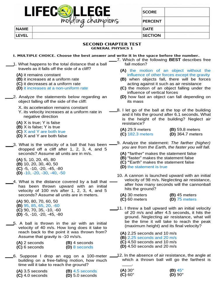 Physics 1 - Chapter Quiz 2 (Version 1) | PDF