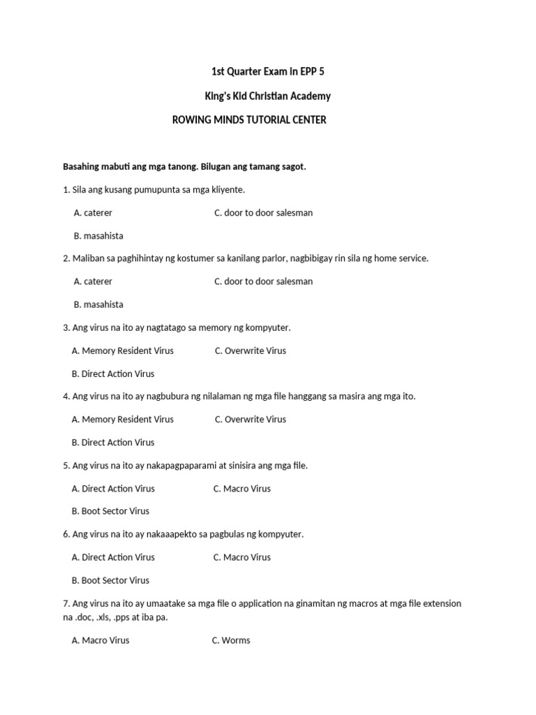 EPP 5 1st Quarter Exam Guide | PDF | Computer Virus | Career & Growth