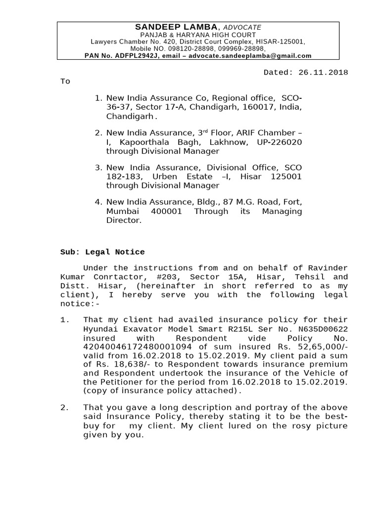 Legal Notice Ravinder Vs New India | PDF