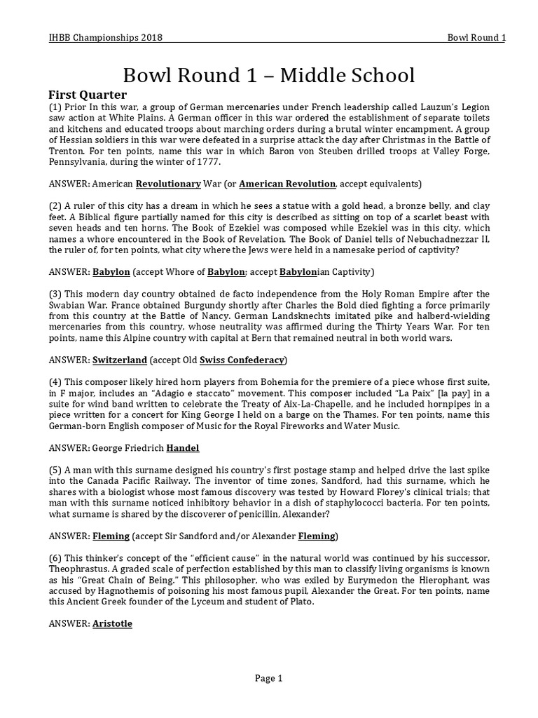 2018 IHBB-Championships-History-Bowl-Round-1-Middle-School | PDF