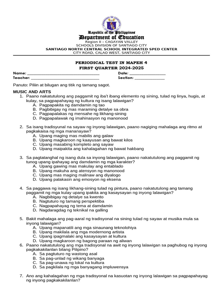 Q1 PT - Mapeh 4 Matatag | PDF | Philippines