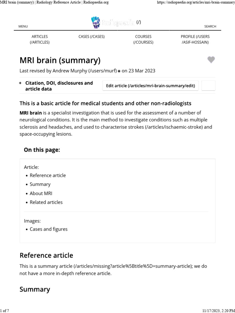 MRI Brain Summary for Neurological Assessment | PDF | Magnetic ...