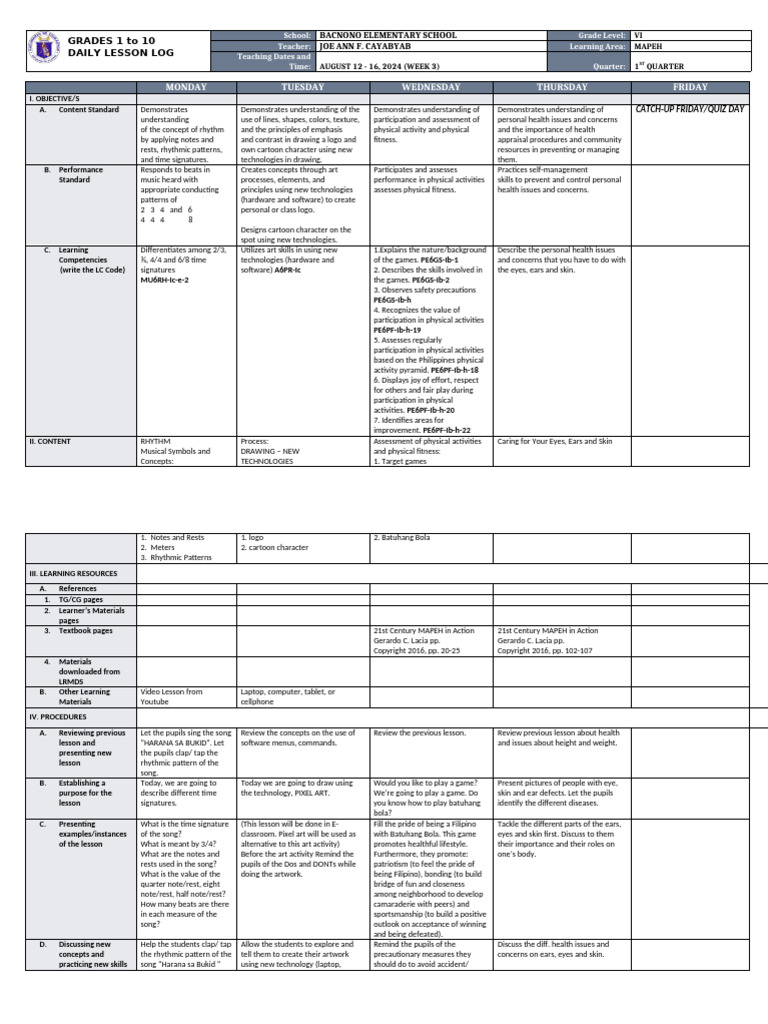 DLL - Mapeh 6 - Q1 - W3 | PDF