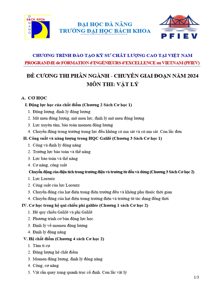 ĐỀ CƯƠNG THI PHÂN NGÀNH PFIEV 2024 -Vat Ly | PDF