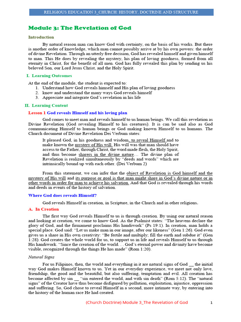 RE 3 - Module 3 - The Revelation of God - Student | PDF | Revelation ...