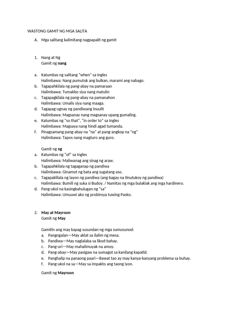 Wastong Gamit ng Nang at Ng, May at Mayroon | PDF | Language Arts & Discipline | Foreign ...