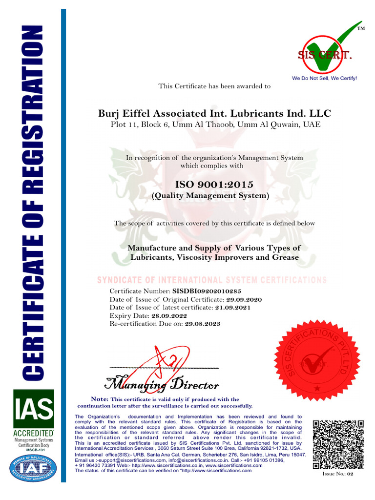 Burj Eiffel Associated ISO Certificate (2021-2022) | PDF