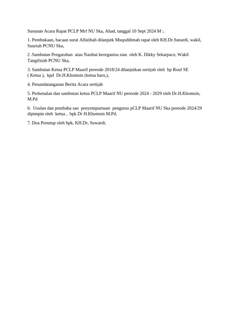 Susunan Acara Rapat PCLP Mrf NU Ska | PDF