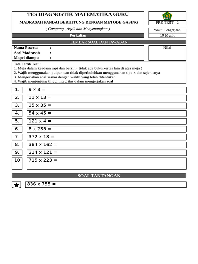 PRE Test Perkalian | PDF
