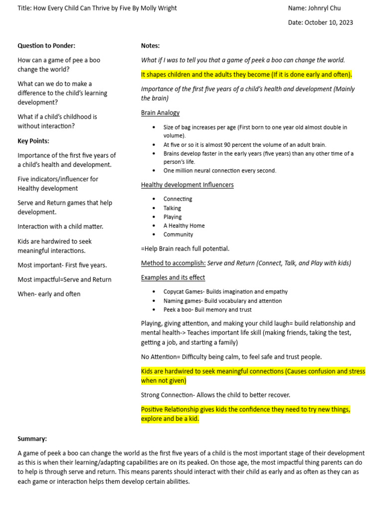 How Every Child Can THrive by Five Cornell Notes | PDF