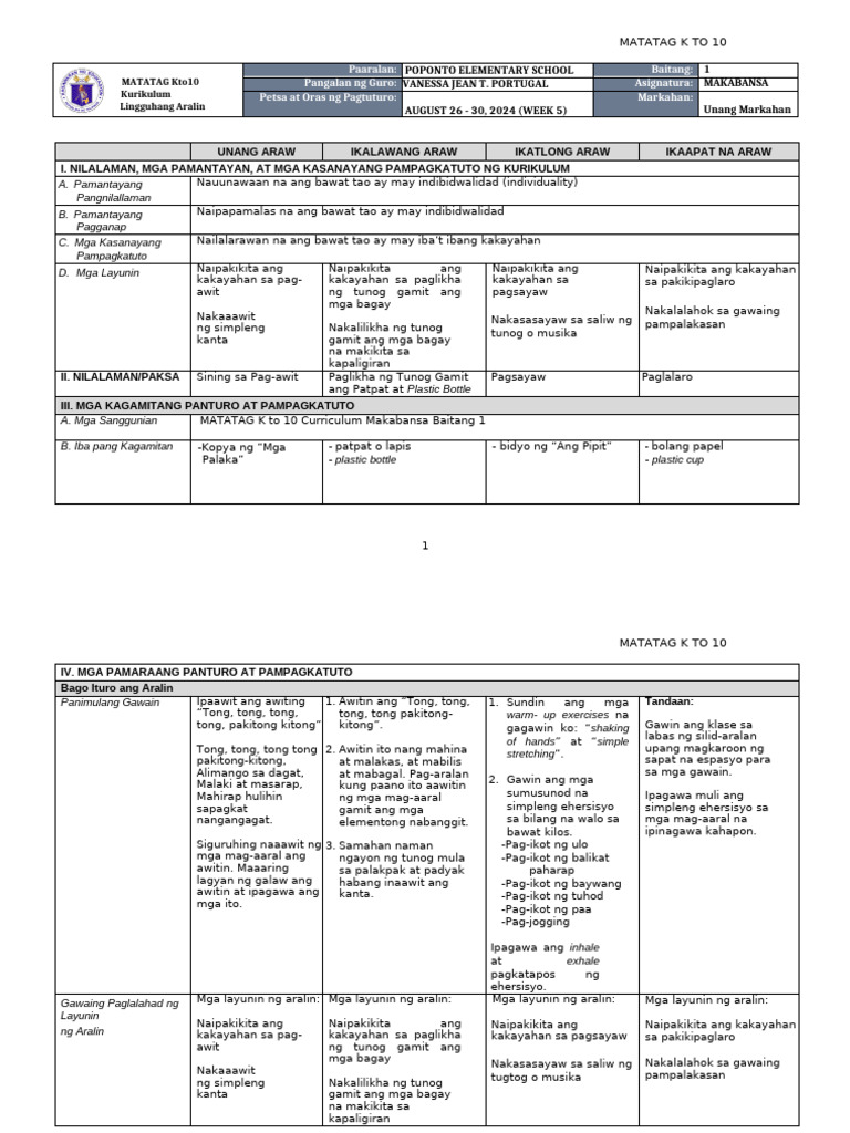 DLL Matatag - Makabansa 1 - Q1 - W5 | PDF