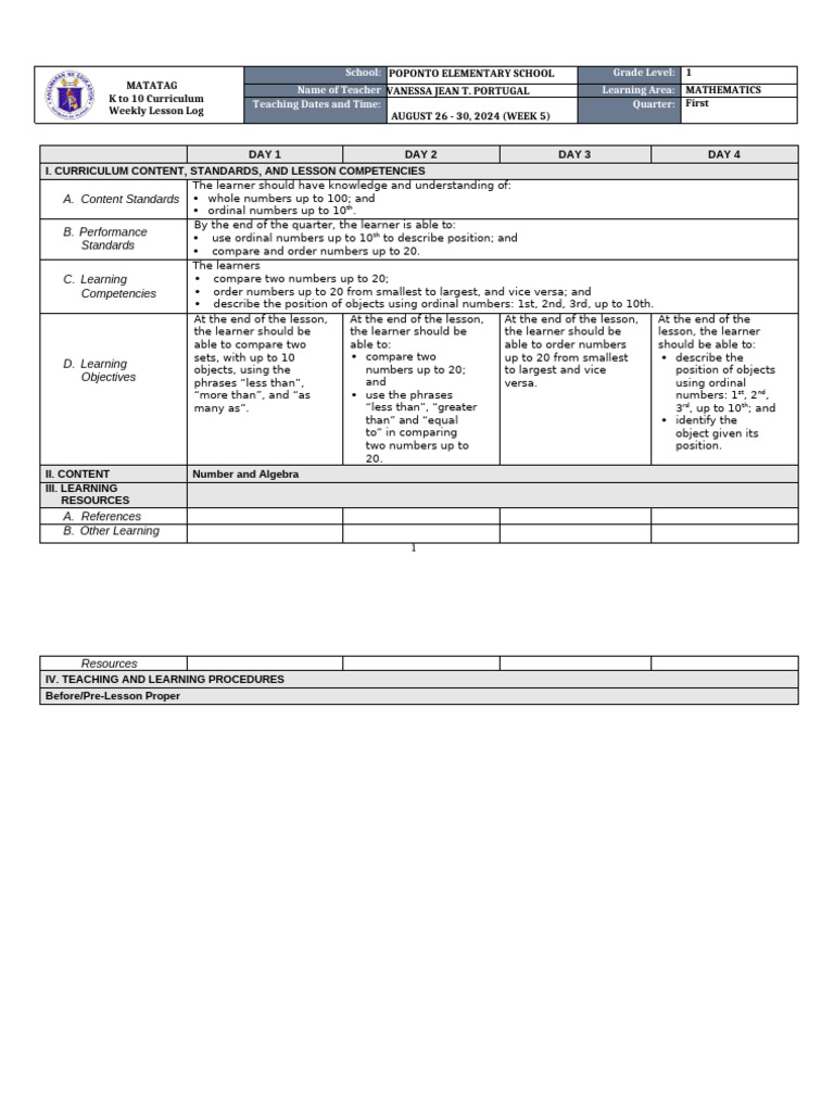 DLL Matatag - Mathematics 1 - Q1 - W5 | PDF