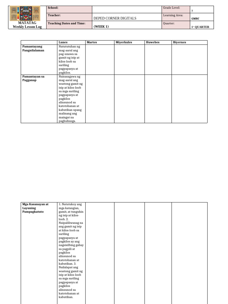 Dll-Week 1-Grade7-Gmrc - Deped Corner Digitals | PDF | Science ...