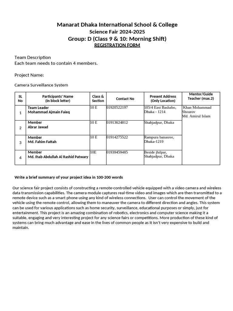 Group-D (Class-9&10) Registration Form (Edited) | PDF | Remote Control ...