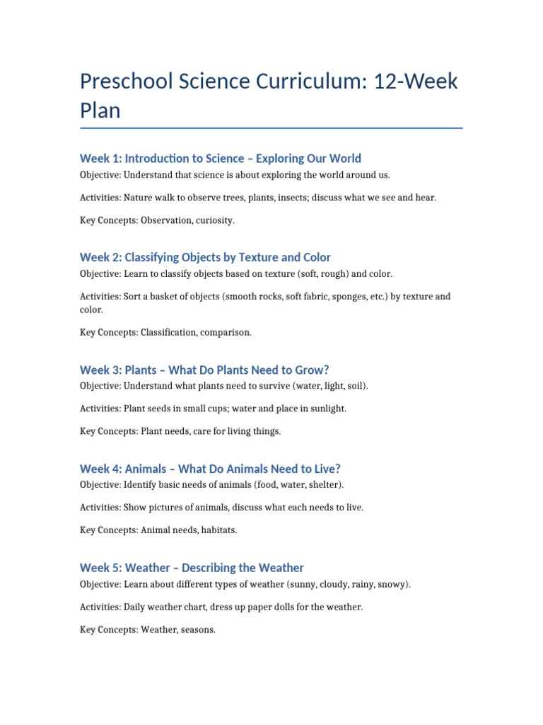 Preschool Science Curriculum 12 Week Plan | PDF