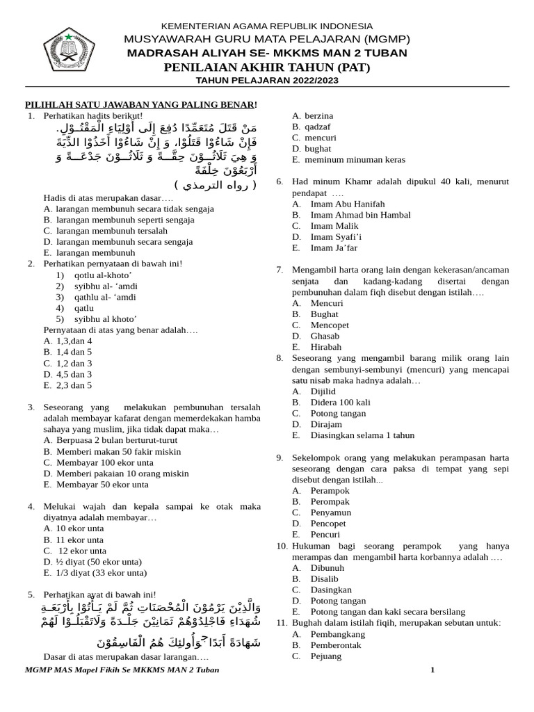 SOAL FIKIH KELAS XI Se MKKMS MAN 2 Tuban | PDF