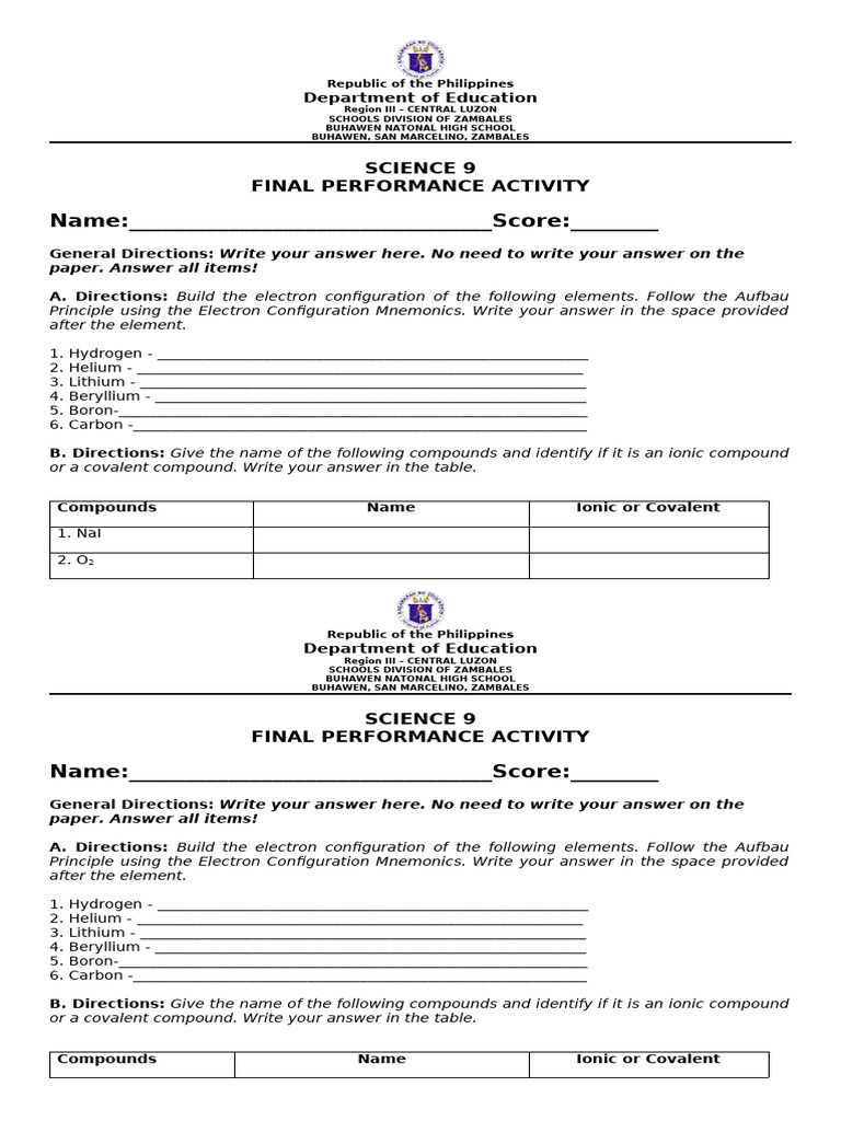 Grade 9 Science Performance Activity | PDF