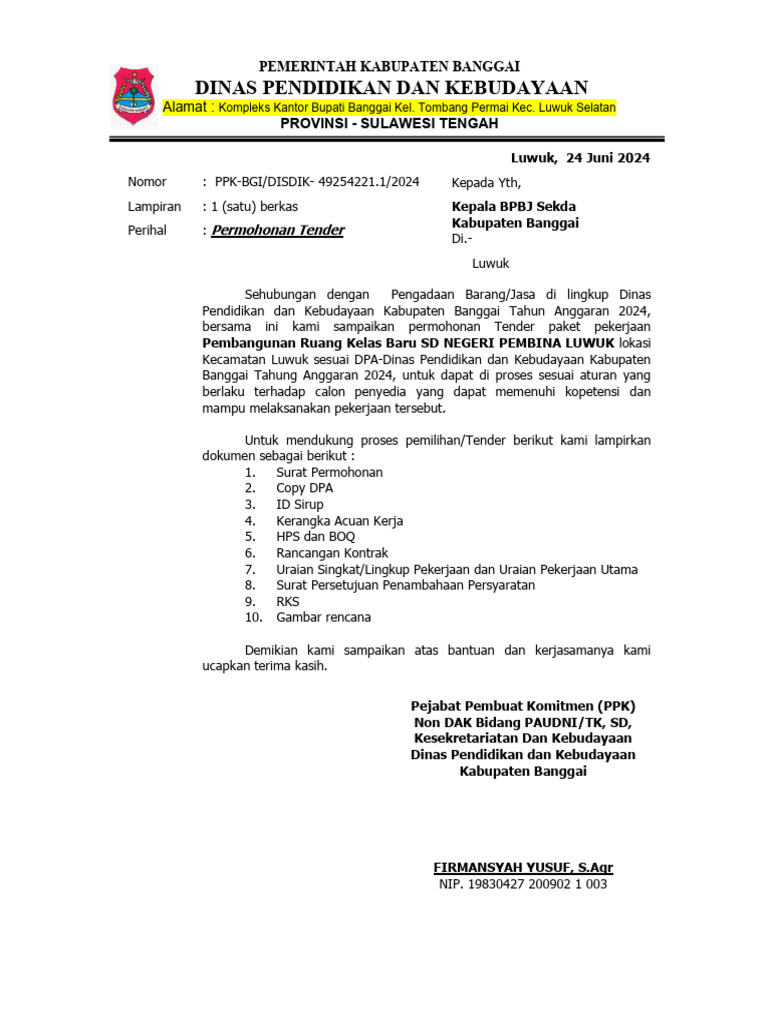 Surat Permohonan Tender Pemb RKB SDN Pembina Luwul 2024 | PDF