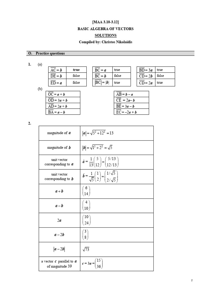 (Maa 3.10-3.12) Basic Algebra of Vectors - Solutions | PDF