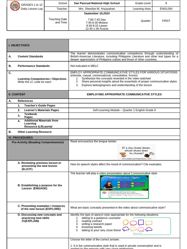 ENG9 Q1 W8 DLL Shesept16 20 | PDF | Learning | Teachers