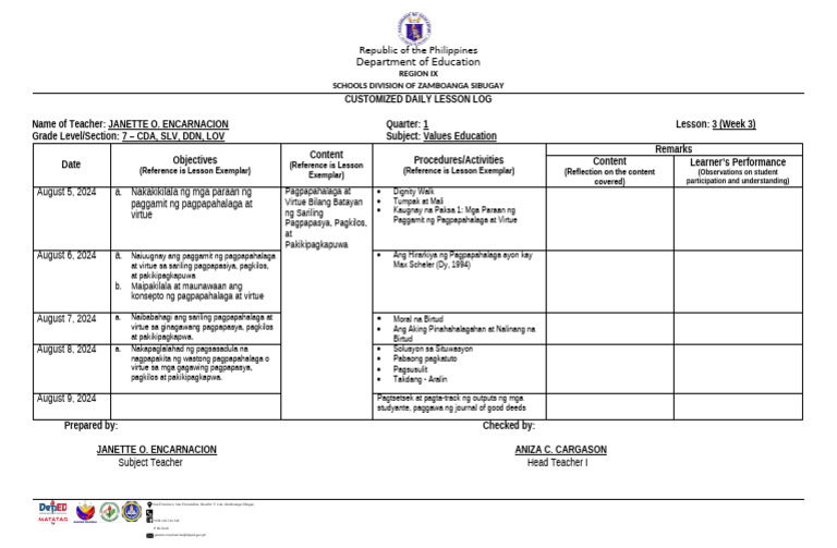 Grade 7 Values Education Lesson Log | PDF