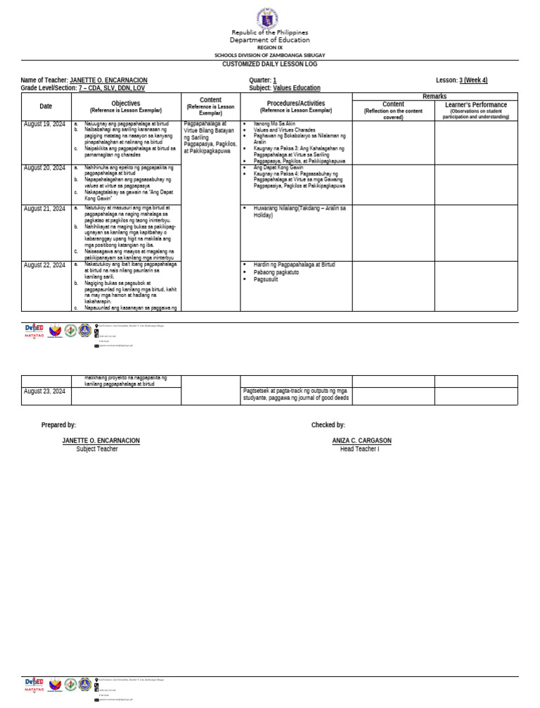 Values Education Week 4 Lesson Plan | PDF