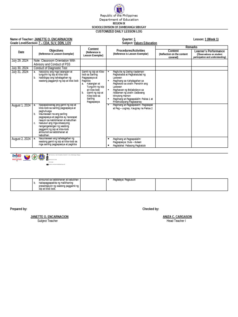 Grade 7 Values Education Lesson Plan | PDF | Learning | Teaching