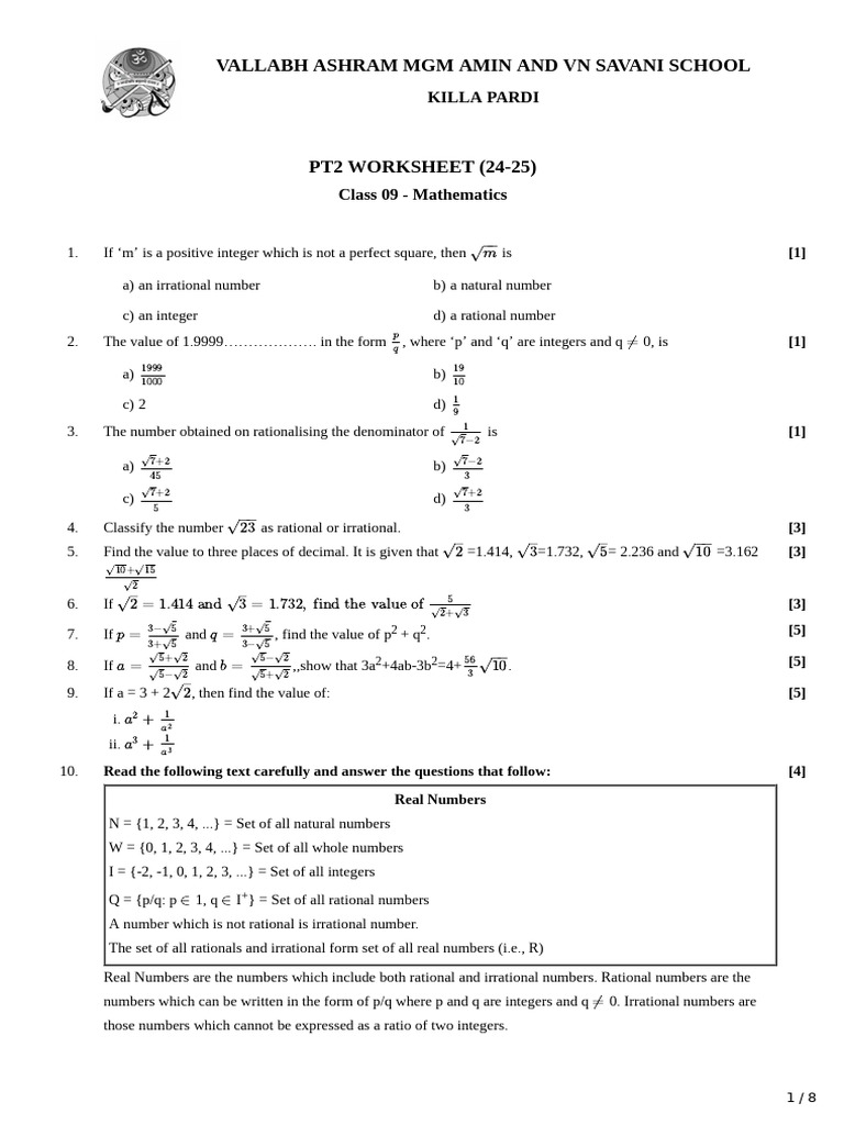 PT2 Worksheet Class 9 (24-25) | PDF