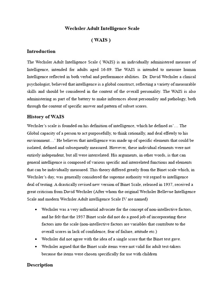 WAIS (Wechsler Adult Intelligence Scale) | PDF | Wechsler Adult ...