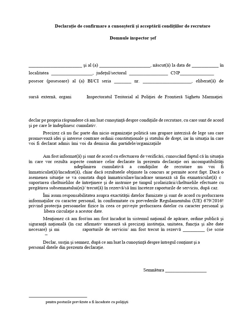 Model - Declaratie Cunoastere Conditii Recrutare | PDF