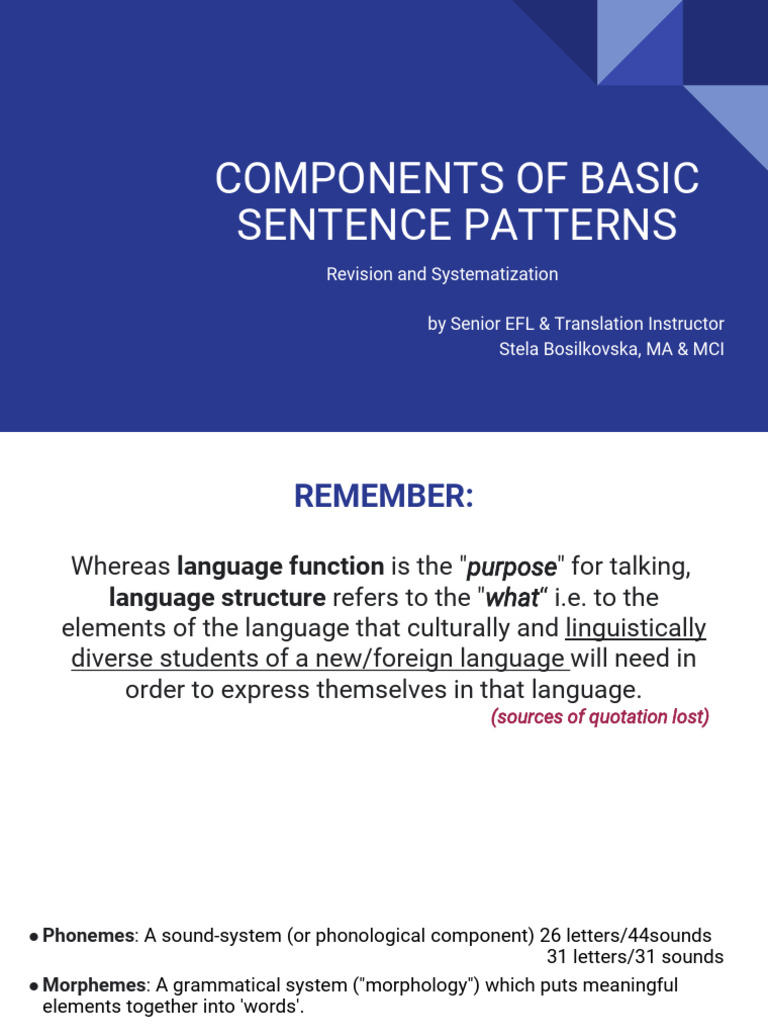 MEL 4 COMPONENTS OF Basic Sentence Patterns | PDF