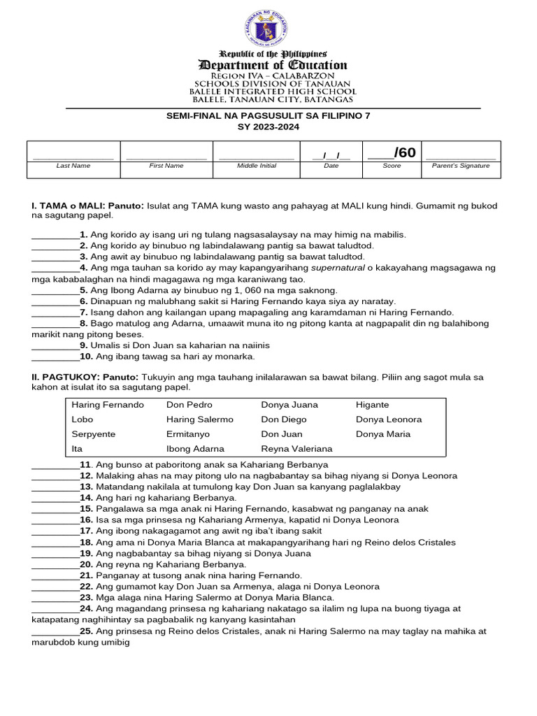 Ikaapat_na_Lagumang_Pagsusulit-SY-23-24-FILIPINO7 | PDF