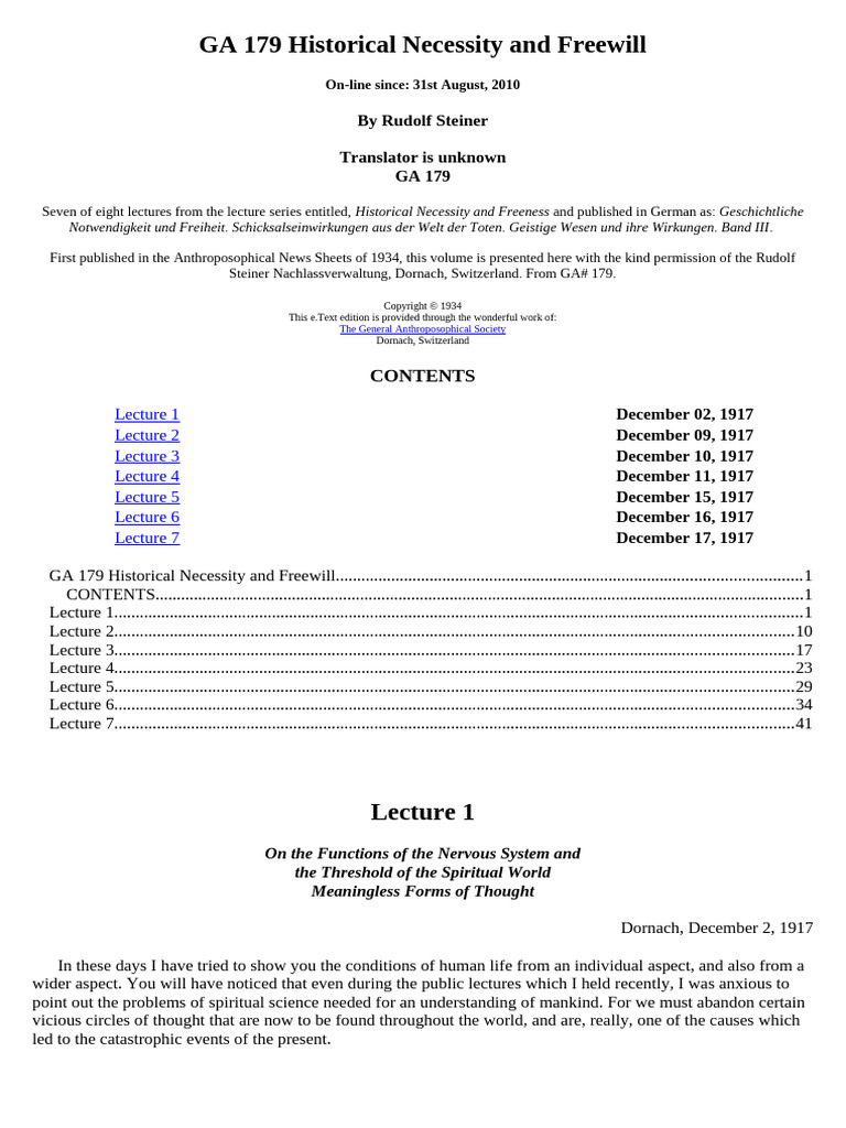 GA 179 Historical Necessity and Freewill | PDF | Thought | Senses
