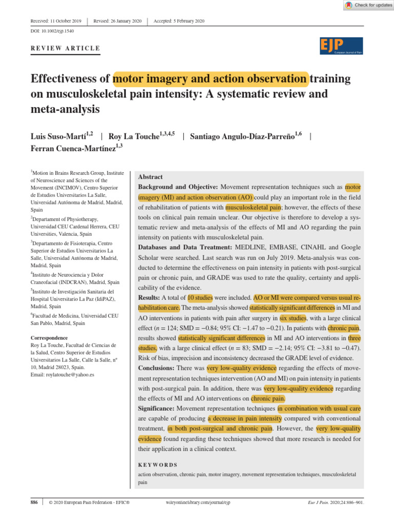 European Journal of Pain - 2020 - Suso‐Martí - Effectiveness of motor imagery and action ...