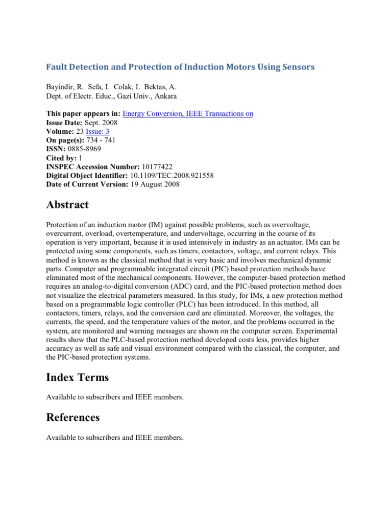 Fault Detection and Protection of Induction Motors Using Sensors | PDF ...