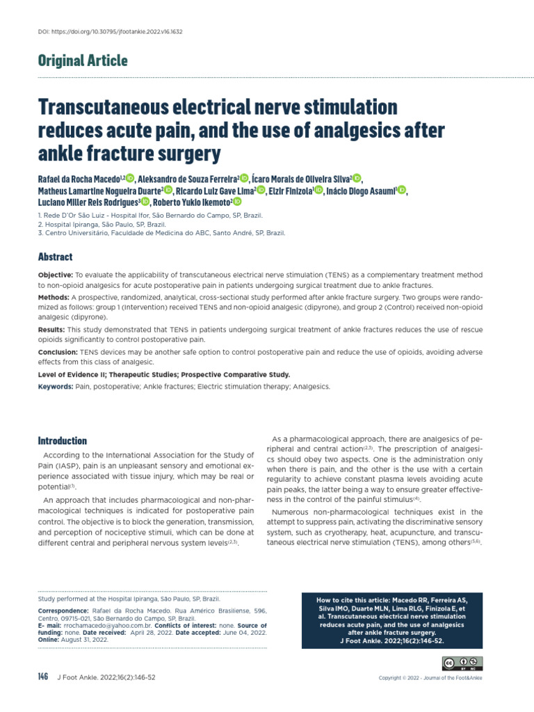 Transcutaneous Electrical Nerve Stimulation Reduces Acute Pain, and The Use of Analgesics After ...