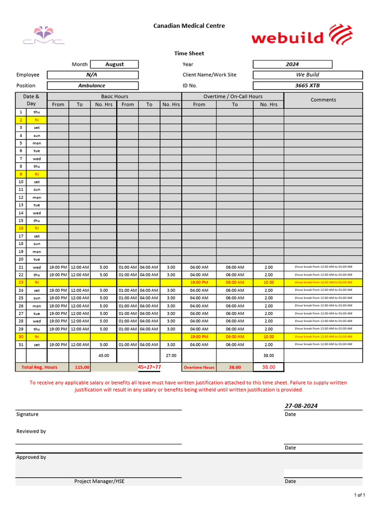 Ambulance Timesheet Nightshift | PDF
