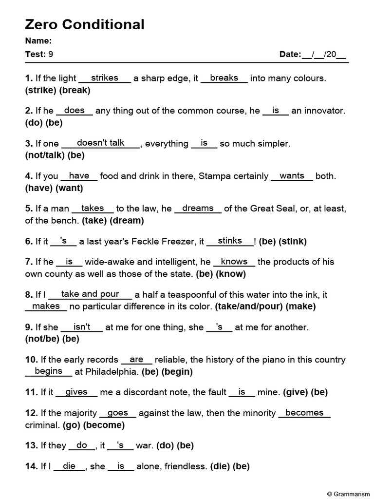 Zero Conditionals Post-Test Answer Key | PDF