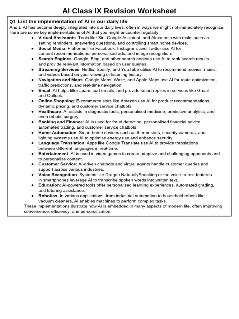 AI Class IX Revision Worksheet | PDF | Artificial Intelligence ...