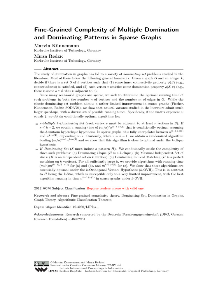 Fine-Grained Complexity of Multiple Domination and Dominating Patterns in Sparse Graphs | PDF