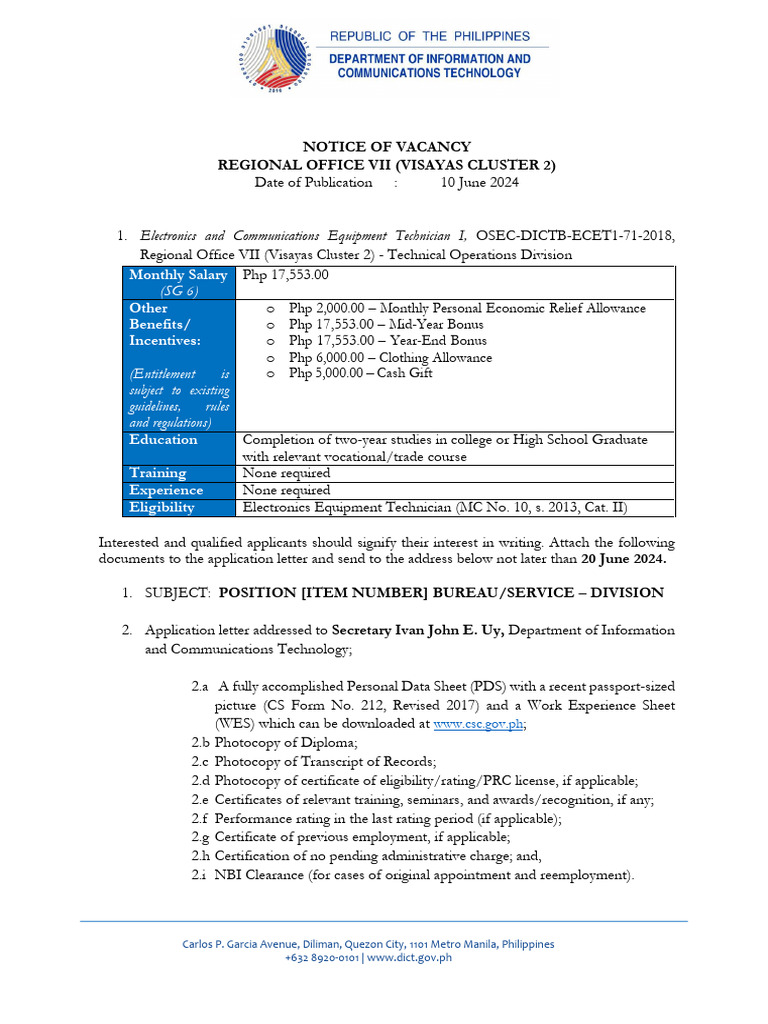 Notice of Vacancy 10 June 2024 Regional Office VII Visayas Cluster 2 ...