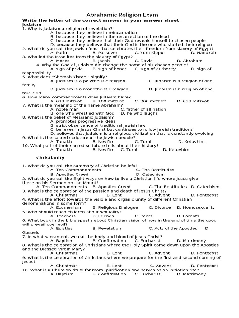 ABrahamic Religion Exam | PDF