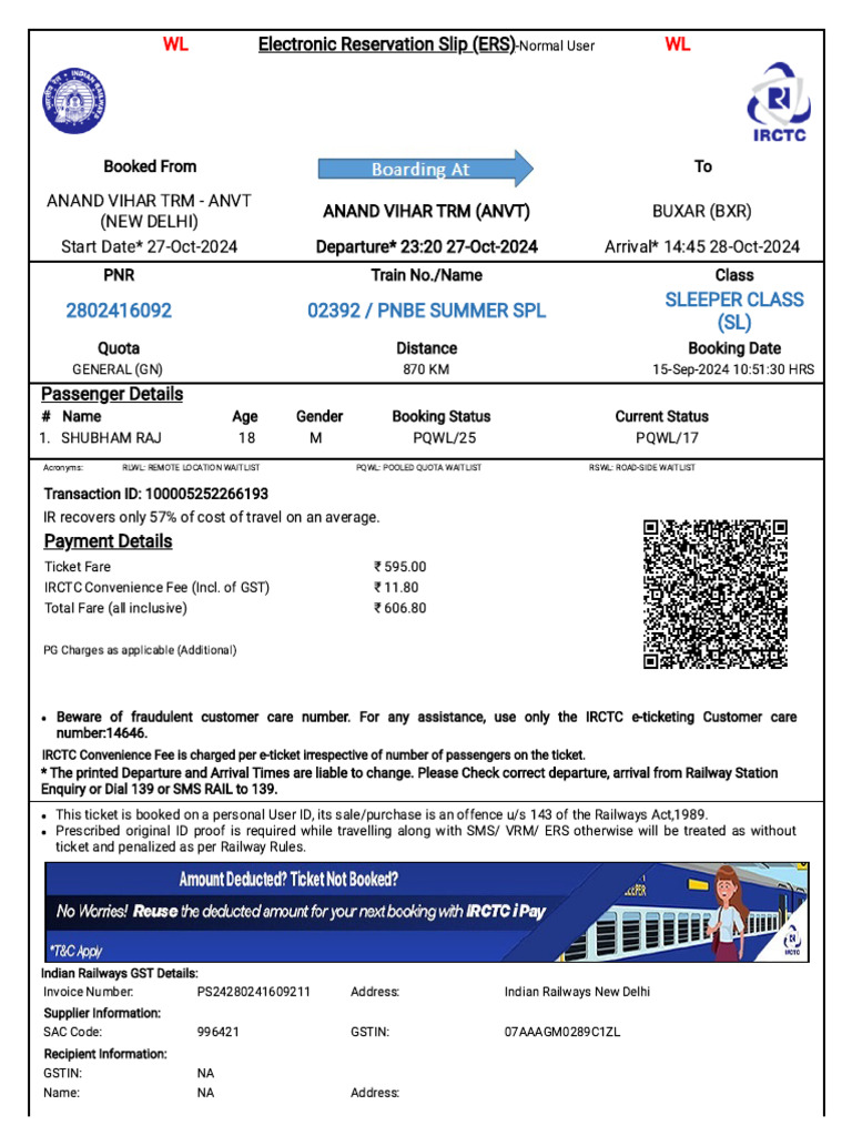 Pnbe Summer SPL Sleeper Class (SL) : WL Electronic Reservation Slip ...
